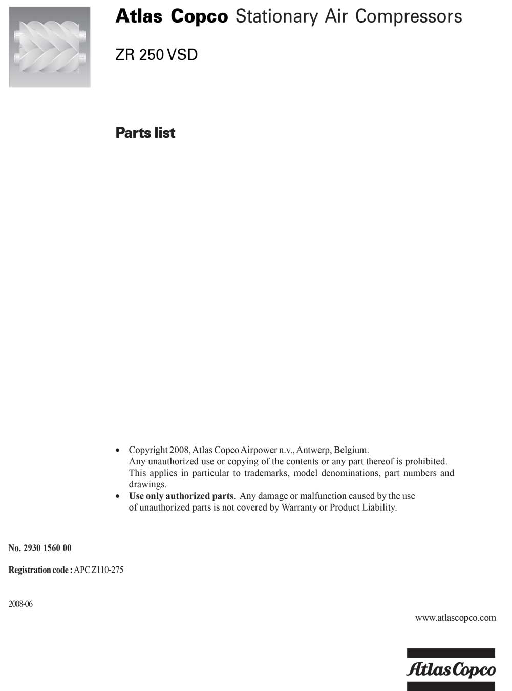 Atlas Copco ZR 250 VSD Parts Manual - Compressor Now Repair Support